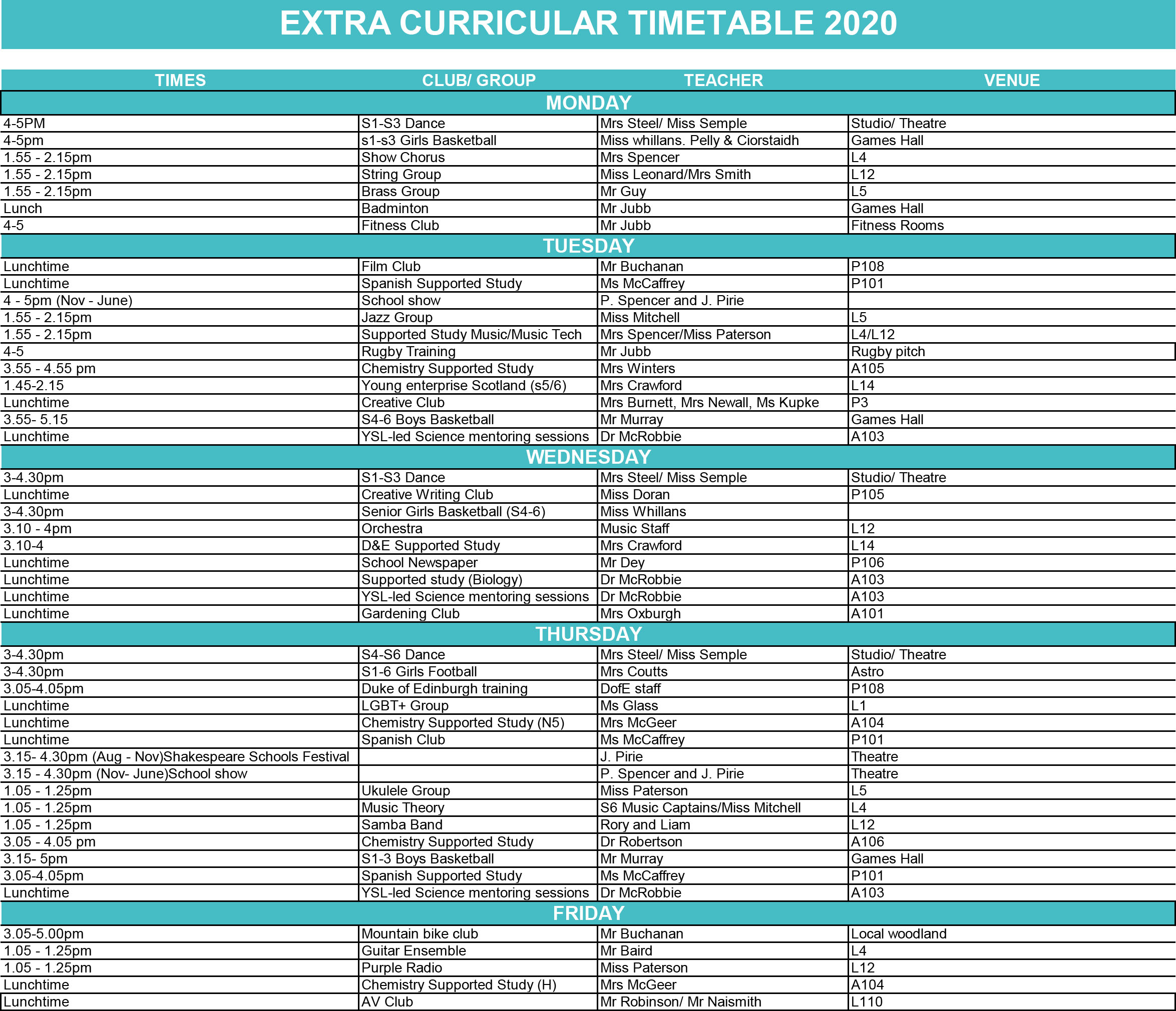 Extra Curricular Timetable - Beyond The Classroom - Wallace High School