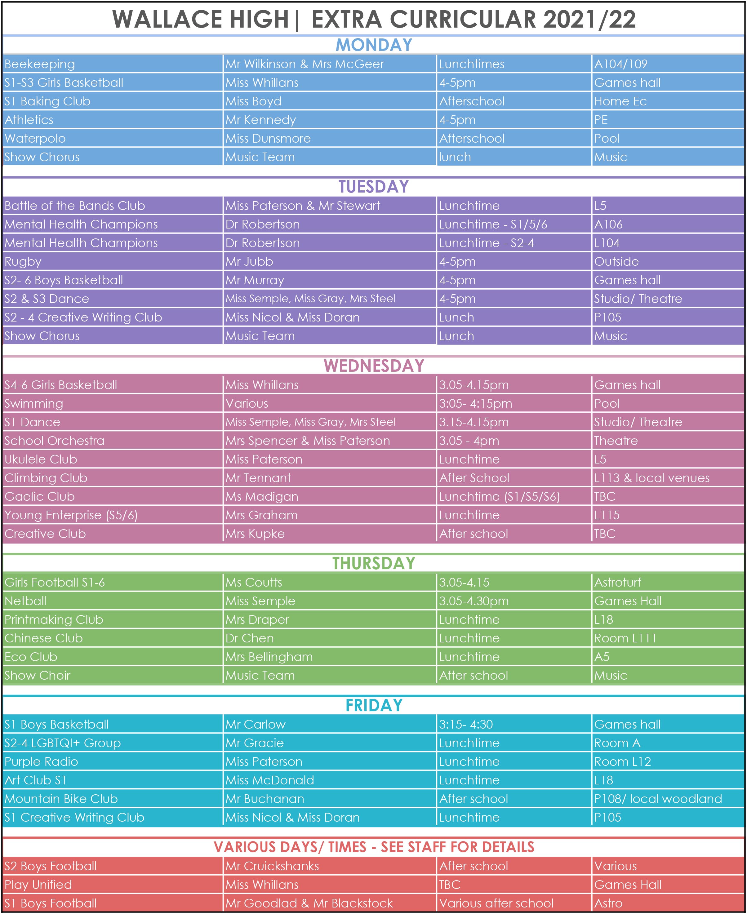 Extra Curricular Timetable