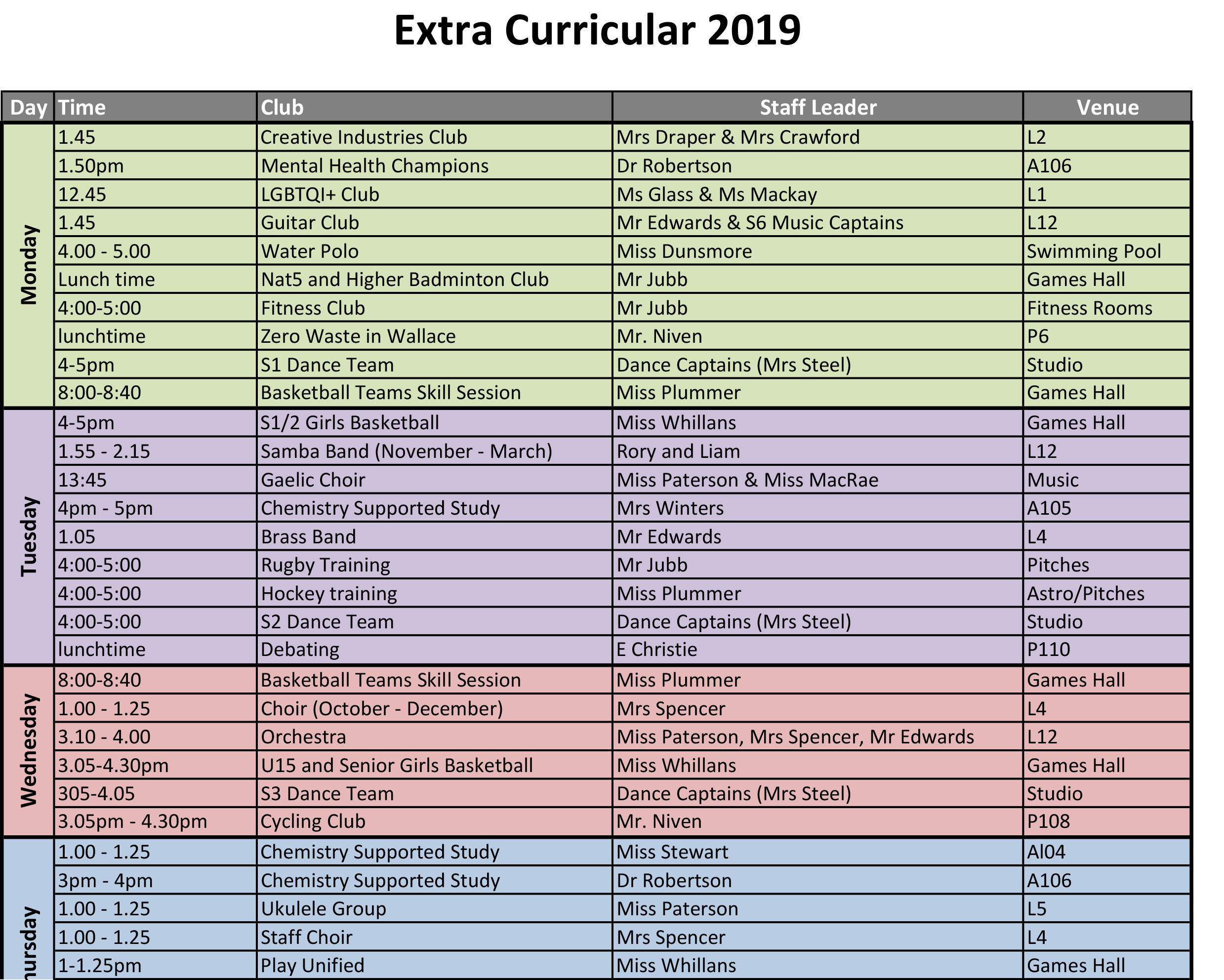 Extra Curricular Timetable - Beyond The Classroom - Wallace High School